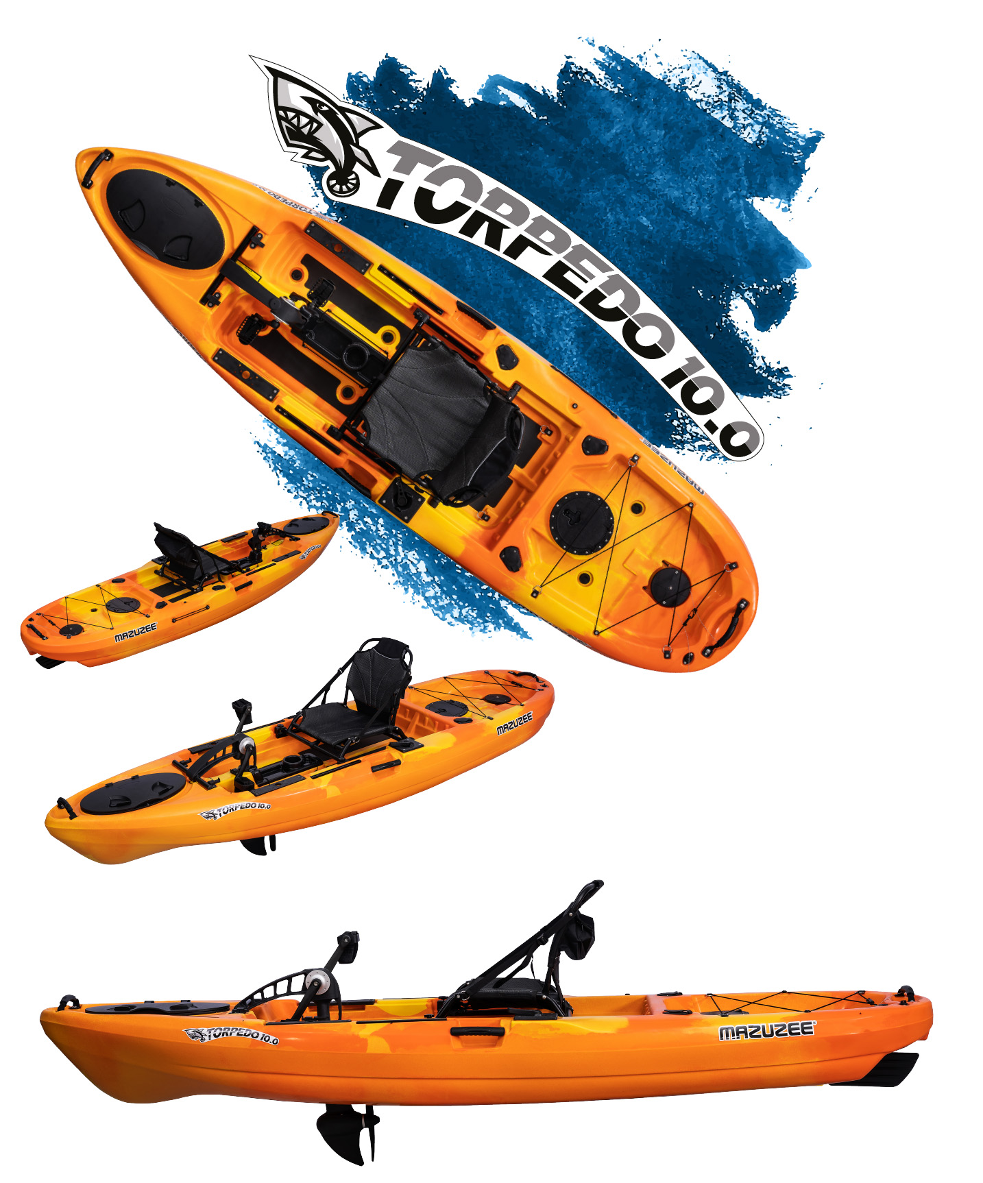 MAZUZEE - Torpedo 10.0 Pedal Fishing Kayak - Sunset Orange (10 Feet)